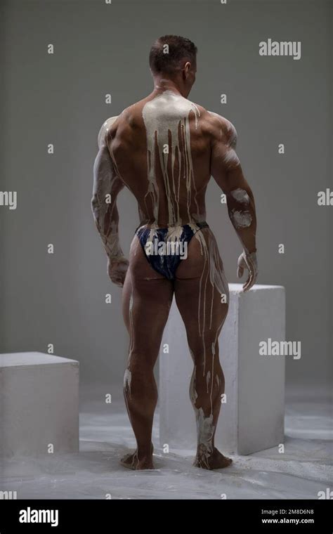 Sexy Male Back View Of Shirtless Athletic Strong Man At Studio Stock
