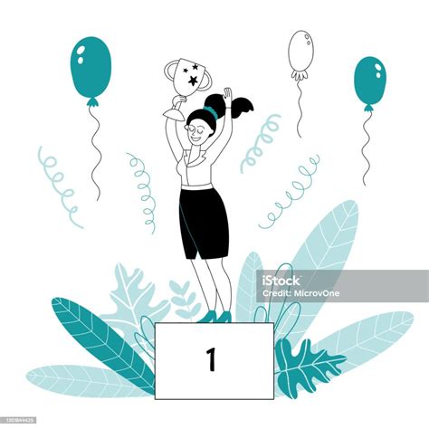 비즈니스 우먼 우승자 승리 챔피언 여성의 성공 또는 작업 성취 사무실 상 트로피 괜찮은 벡터 문자와 리더 소녀 트로피에 대한 스톡 벡터 아트 및 기타 이미지 Istock