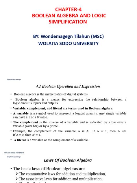 Chapter 4 Boolean Algebra And Logic Simplification By Wondemagegn Tilahun Msc Wolaita Sodo