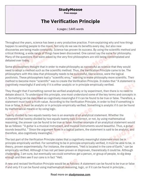 The Verification Principle Free Essay Example
