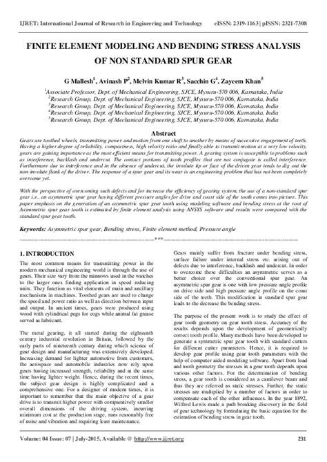 Pdf Finite Element Modeling And Bending Stress Analysis Of Non