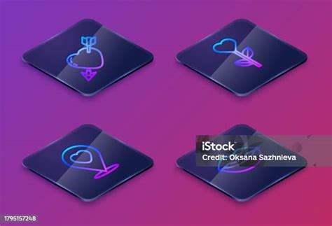 하트와 화살표가 있는 아이소메트릭 라인 Amour 위치 꽃의 하트 모양 및 웃는 입술을 설정합니다 파란색 사각형 버튼입니다 벡터 3차원 형태에 대한 스톡 벡터 아트 및 기타