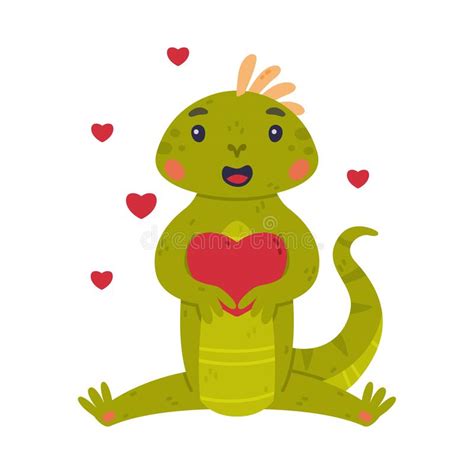 Funny Green Iguana Character With Scales Sitting With Red Heart Vector