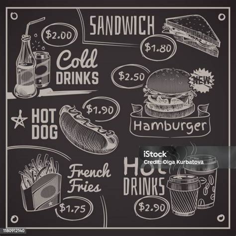 패스트 푸드 메뉴 커피 햄버거와 핫도그 도넛과 감자 튀김 아이스크림과 콜라 샌드위치 분필 그리기 레스토랑 벡터 일러스트 분필