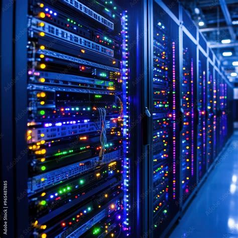 Illuminated Server Rack In A Data Center Showcasing Technology With Colorful Lights And Cables