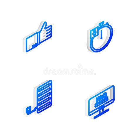 Set Isometric Line Stopwatch Hand Thumb Up Server And Monitor With Faq Information Icon