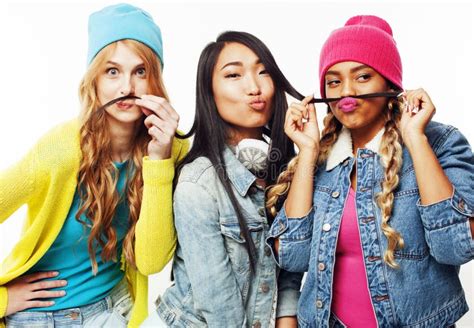 Diverse Nation Girls Group Teenage Friends Company Cheerful Having Fun