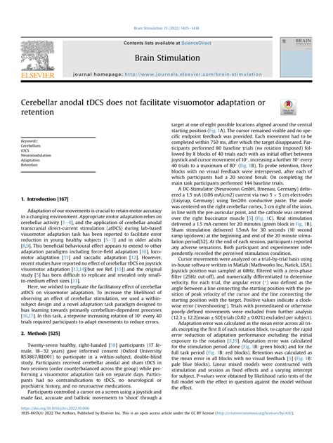 Pdf Cerebellar Anodal Tdcs Does Not Facilitate Visuomotor Adaptation Or Retention