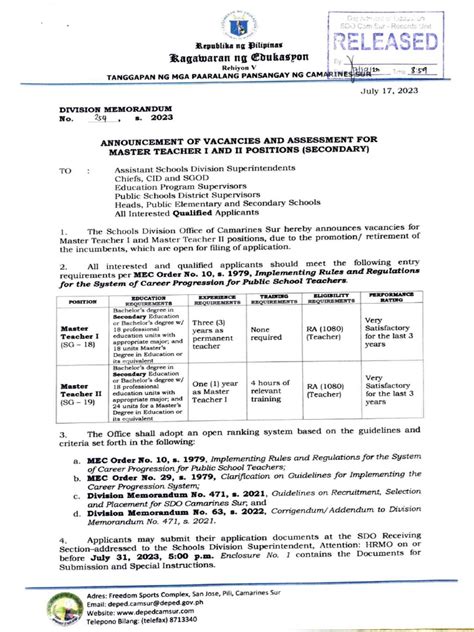 Dm 254 S 2023 Master Teacher Memo Pdf Teachers Equal Opportunity