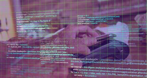 Typing On Keyboard Hands Over Programming Code Animation With Grid
