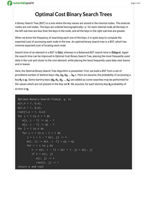 Optimal Cost Binary Search Trees Pdf Applied Mathematics Algorithms