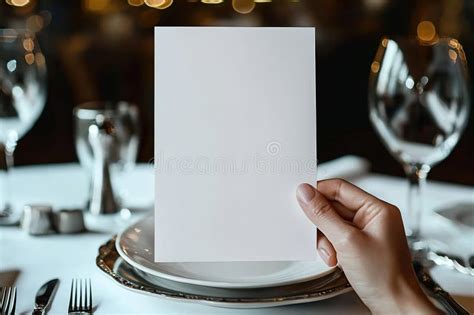 Blank Menu Paper Held In Hand Over Luxury Restaurant Table Mock Up Menu Sheet Generative Ai