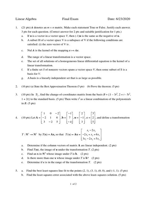 Linear Algebra Final 2020 Pdf Vector Space Linear Map