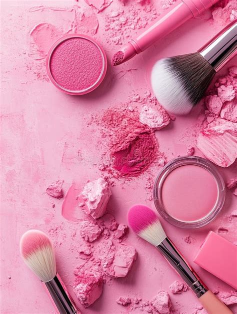 Flat Lay Composition Of Pink Makeup Items Showcasing Beauty Products On