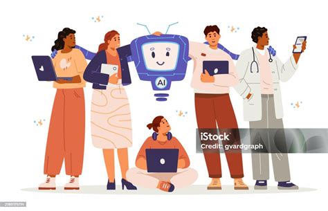 인공 지능 개념과 상호 작용하는 다양한 전문가의 다인종 그룹 남자와 여자를 사용하여 Ai 평면 벡터 일러스트 레이 션은 흰색에
