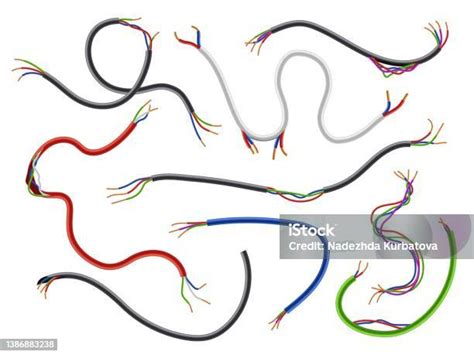손상된 전기 케이블 현실적인 유연한 깨진 와이어 얇은 배선이 있는 3d 코드 다양한 모양과 길이 조각 절연되지 않은 전류 회로 벡터 찢어진 전기 도체 세트 단열재에 대한