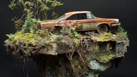 Rustic Miniature Diorama Of A Rusted Car Overgrown With Moss Stock