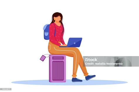 트립 플랫 벡터 일러스트레이션 중에 랩톱사용 온라인으로 호텔 예약 해외 여행 중 프리랜서로 일하고 있습니다 흰색 배경에 항해