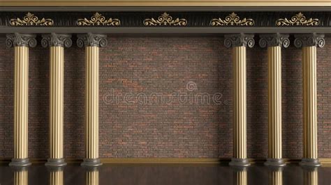 Golden Classical Columns And Wall Background With Bricks Stock
