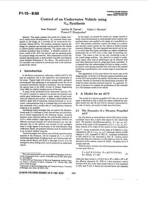 1991 Control Of An Underwater Vehicle Using H Synthesis Pdf