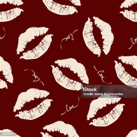 벡터 그림입니다 발렌타인 데이를위한 낭만적 인 원활한 패턴 손으로 쓴 서고 입술 모양의 기호 키스 텍스트 디자인 축제 템플릿 디자인 인사말 카드 포스터 웹 배너 0명에 대한