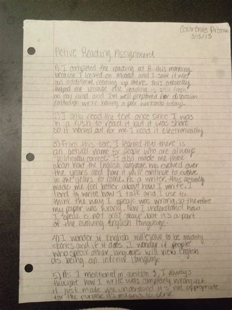 Active Reading Assignments Courtnie Pittmans English 1101 E Portfolio
