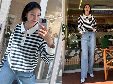 이현이 열심히 일한 하루 스트라이프 티셔츠에 청바지 입고 청순한 마무리 스타와 패션