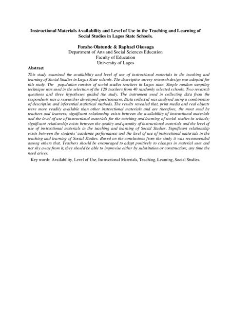 Doc Instructional Materials Availability And Level Of Use In The Teaching And Learning Of
