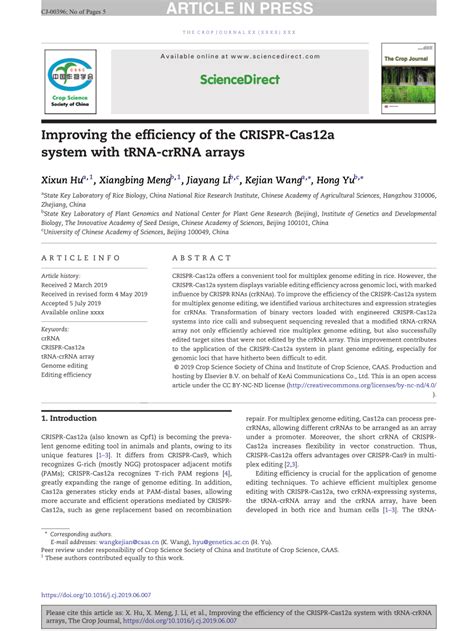 Pdf Improving The Efficiency Of The Crispr Cas12a System With Trna Crrna Arrays