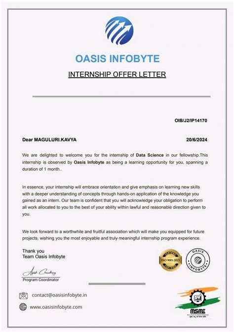 Maguluri Kavya On Linkedin Internship Datascience Oasisinfobyte Careeropportunity