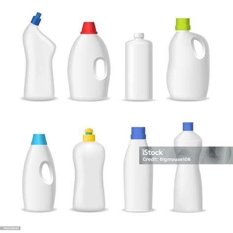 현실적인 상세한 3d 흰색 빈 세제 병 템플릿 이랑 설정합니다 벡터 병에 대한 스톡 벡터 아트 및 기타 이미지 병 세정제 3차원 형태 Istock