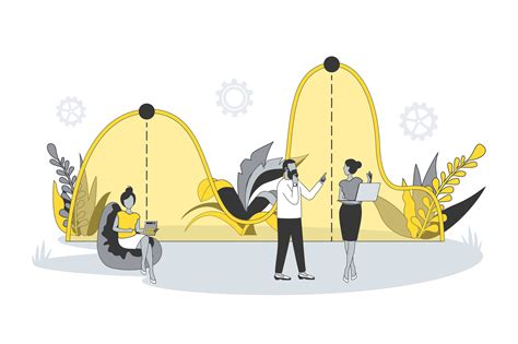 Data Analytics Concept In Flat Line Design People Research Statistics And Financial Graph Work