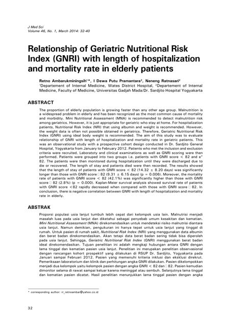 Pdf Relationship Of Geriatric Nutritional Risk Index Gnri With Length Of Hospitalization And