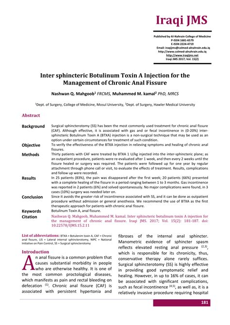 Pdf Inter Sphincteric Botulinum Toxin A Injection For The Management Of Chronic Anal Fissure