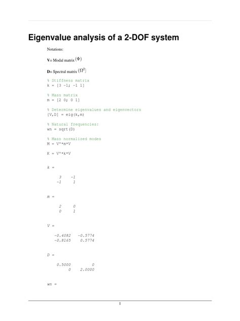 matlab code for eigen value analysis of a 2dof system pdf