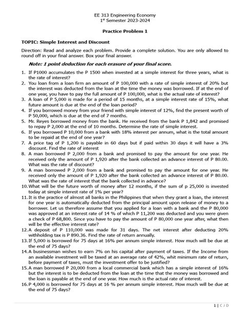 Practice Problem 1 Simple Interest And Discount Pdf Interest Interest Rates