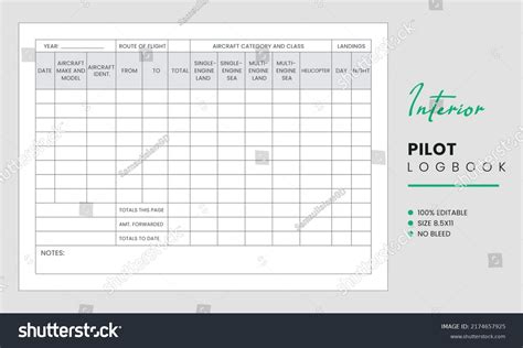 Pilot Logbook Interior Template Design Stock Vector Royalty Free