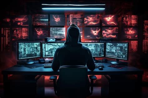 Premium Ai Image Male Hacker In A Room In Front Of Monitors