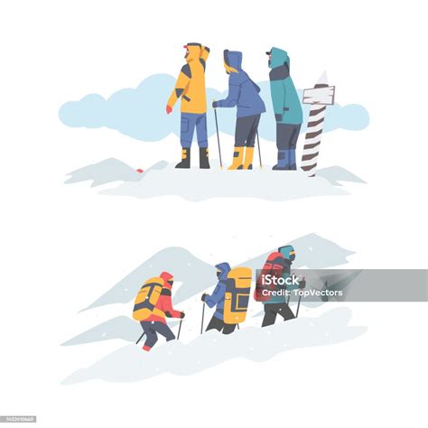 겨울 시즌에 막대기로 트레킹하는 등산가 눈 덮인 능선 만화 벡터 일러스트 레이 션을 극복하는 등산객 겨울에 대한 스톡 벡터 아트 및 기타 이미지 Istock