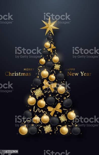 현실적인 황금 Baubles 활 스타와 눈송이 장식 크리스마스 트리 메리 크리스마스와 새해 복 분 인사말 카드입니다 벡터 그림입니다 크리스마스 트리에 대한 스톡 벡터 아트
