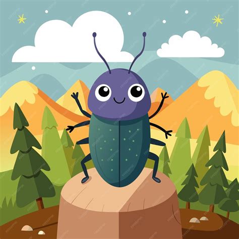 A Cartoon Image Of A Bug On A Log With Trees In The Background