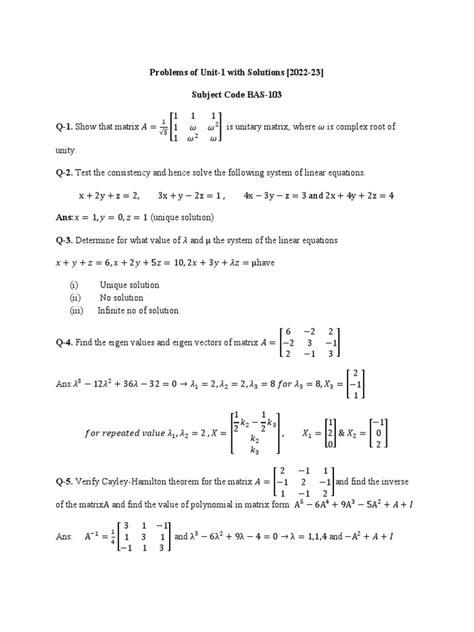 Imp Questions Engg Mathematics Bas103 With Solution Pdf Eigenvalues And Eigenvectors