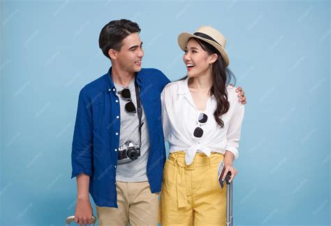 Premium Photo Happy Asian Couple Tourist Traveler With Suitcase