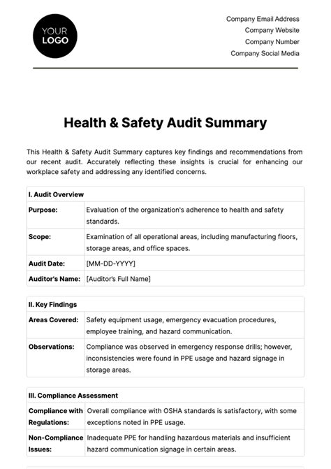 Free Health And Safety Audit Summary Template To Edit Online