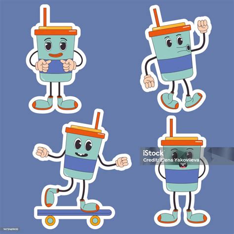 만화 캐릭터 복고풍 스티커 음료 음식 70 년대 트렌디한 그루비한 히피 복고풍 스타일 0명에 대한 스톡 벡터 아트 및 기타