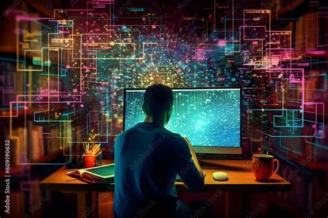 Person Using Computer With Data Visualization And Business Planning Man Is Typing At Laptop And