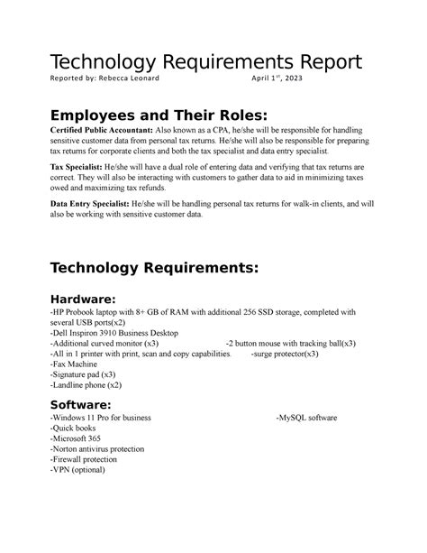 Project One Assignemnt Technology Requirements Report Reported By