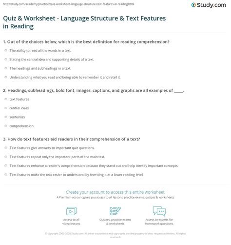 Quiz And Worksheet Language Structure And Text Features In Reading