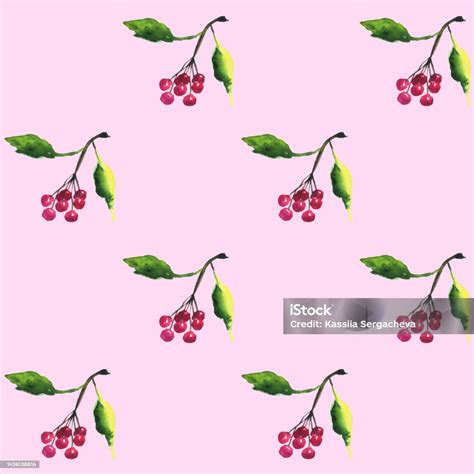 분홍색 배경에 매끄러운 패턴의 녹색 잎이있는 가지에 빨간 추상 열매 수채화 손 그리기 그림 젖은 아쿠아렐레 스타일 디지털 용지 인쇄 섬유 벽지 갈색에 대한 스톡 벡터 아트