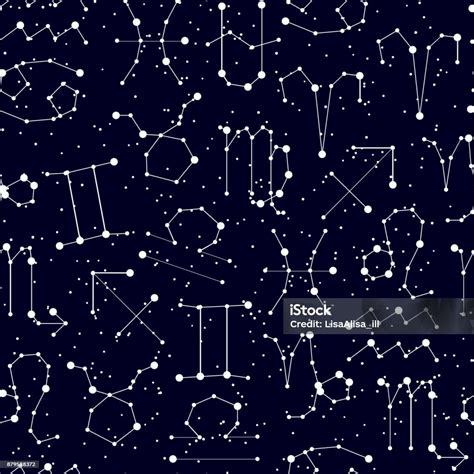 별자리 완벽 한 패턴 라인와 검은 하늘에 별과 별자리 스타일에 모든 조디악 표지판 별이 빛나는 조디악 기호의 끝 없는 배경 검은